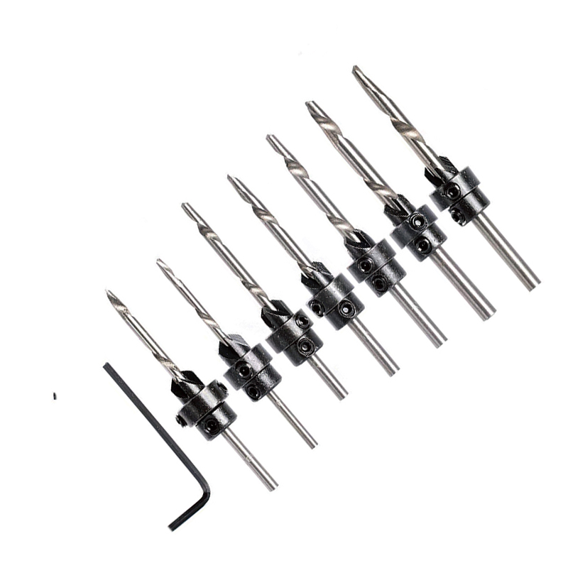 7 PCS Round Shank 4 Flute HSS Wood Countersink Drill Bit Set for Wood ...